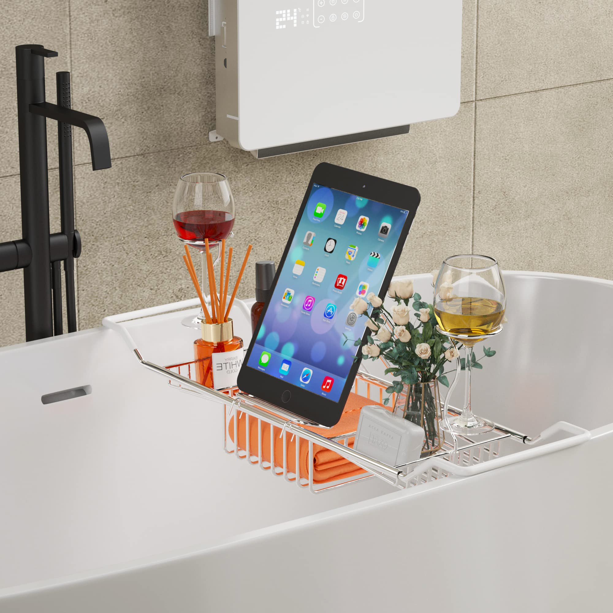 iPEGTOP Stainless Steel Bathtub Caddy Tray - Over Bath Tub Racks Shower Organizer with Extending Sides, Removable Wine Glass Book Holder