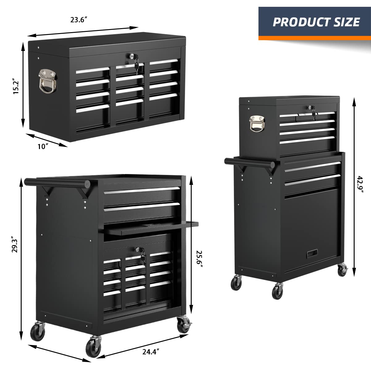 8-Drawer Rolling Tool Chest & Portable Tool Box with 2 Handles, Lockable Rolling Tool Box with 4 Hooks, Large Capacity Garage Storage Tool Cabinet for Warehouse, Repair Shop(Black)