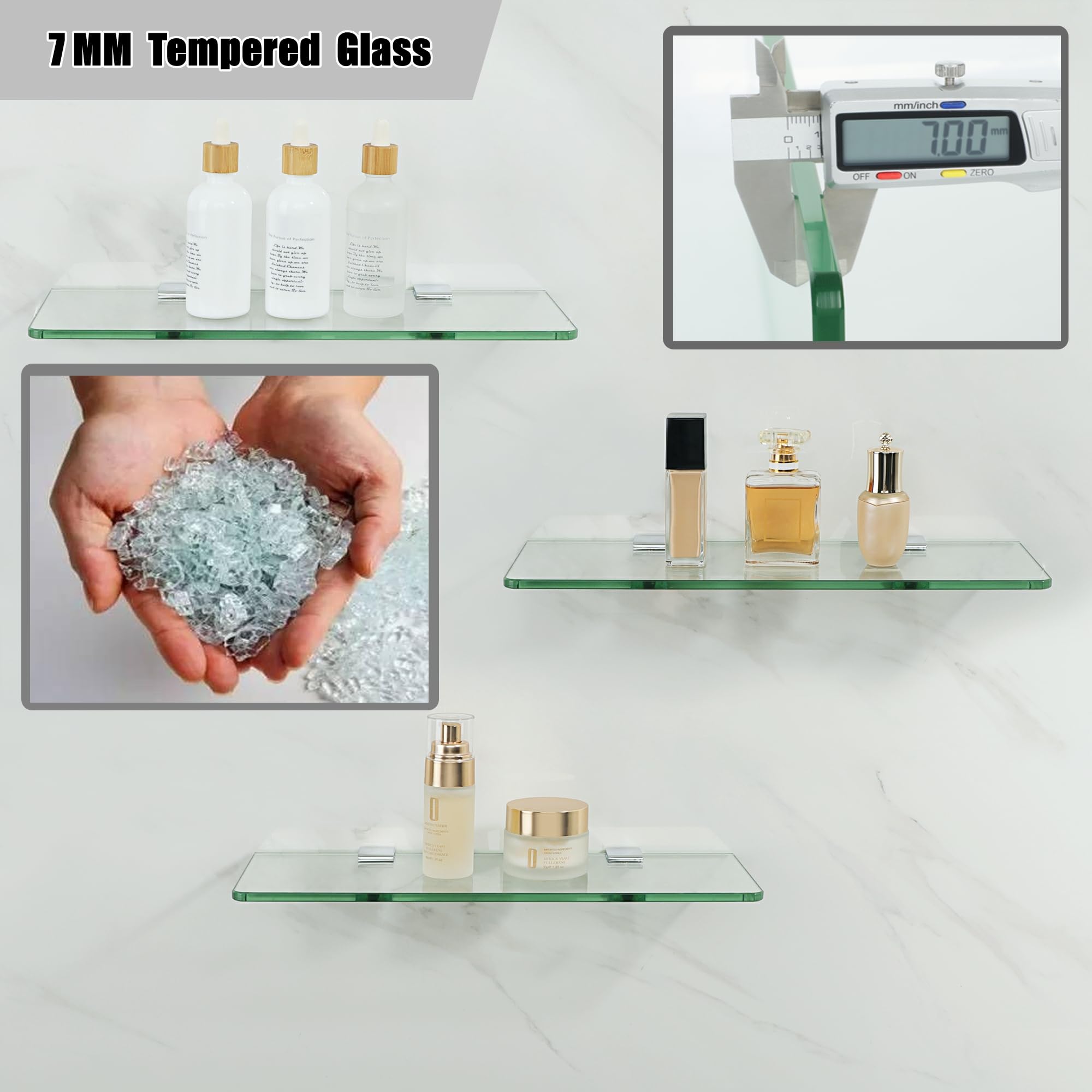 Alise Bathroom Shelves Glass Shelf,Wall Mount Floating Shelves for Bathroom,Rectangular Tempered Glass Shelves for Wall Storage Organizer,AGBL4010SET-C-3P,Pack of 3