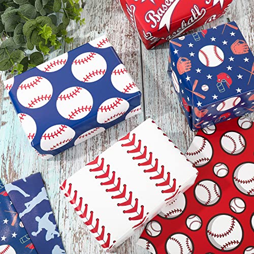AnyDesign 12 Sheet Baseball Wrapping Paper Red Blue White Sports Gift Wrap Paper Bulk Folded Flat Baseball Print Art Paper for Baseball Theme Birthday Party DIY Crafts Gift Wrapping, 19.7 x 27.6 Inch