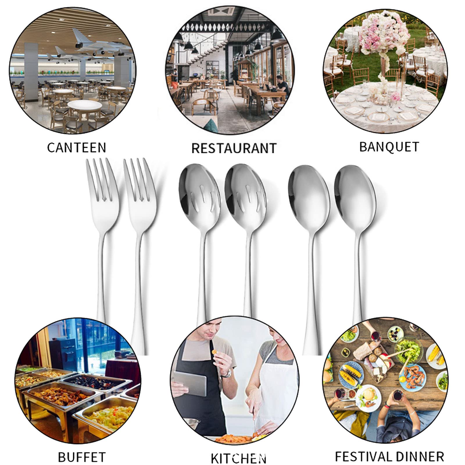 6 Pcs Serving Utensils,Stainless Steel Serving spoons and slotted spoons 8.5 Inch Serving Forks 8.8Inch Large Serving spoons set for Kitchen,Party supply (Silver)