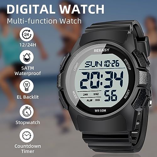 Beeasy Men Digital Sports Watch,Waterproof Watch with Stopwatch Countdown Timer Alarm Function Dual Time Watch for Mens Student