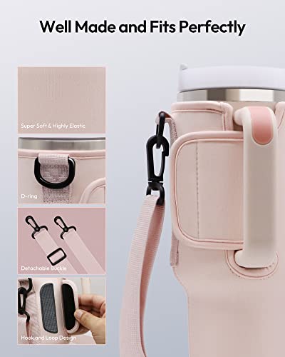 BILTRTE Water Bottle Carrier Bag Compatible with Stanley 40oz Tumbler with Handle, Water Bottle Holder with Adjustable Shoulder Strap for Hiking Travelling Camping (Rose Quartz, 40oz)
