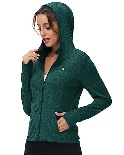 BASUDAM Women's Hiking Shirts Lightweight UPF 50+ Sun Protection Open Zippered Outdoor Hoodie Jackets Blackish Green S