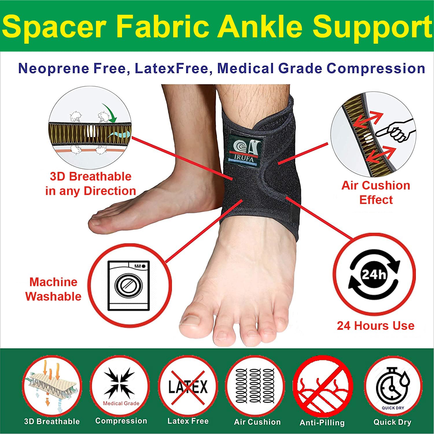 IRUFA, AN-OS-12,3D Breathable Patented Spacer Fabric Adjustable Athletics Achillies Tendon Ankle Wrap, Plantar Fasciitis, Pain Relief for Sprains, Strains, Arthritis and Torn Tendons
