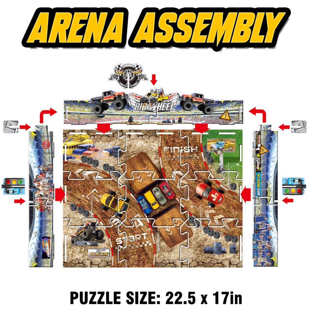 Big Wheel Monster Truck Stunt Stadium Playset with DIY Puzzle Construction Playmat, 2 Friction Monster Trucks, and Play Dirt (38 Pcs)