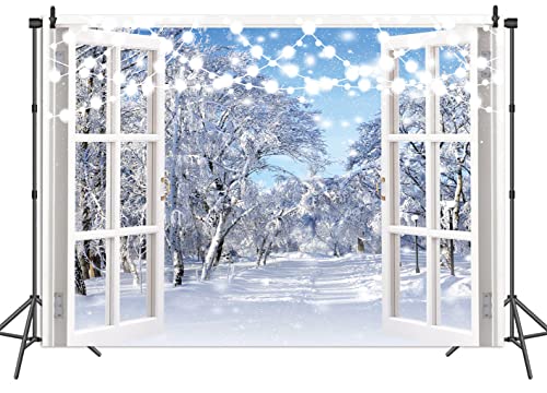 BINQOO 7x5ft Winter Landscape Window Photography Backdrop Christmas Snow Trees Scenery Background Baby Shower Kids Birthday Party Portrait Photo Studio Props