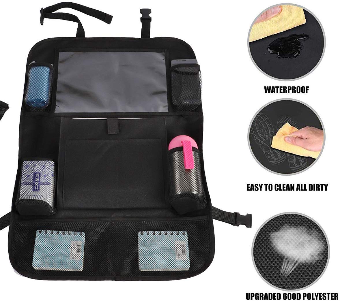 A-code Set 1 Pack Backseat Car Organizer, Kick Mats Car Back Seat Protector with 11" Clear Tablet Holder and 9 Storage Pockets for Kids Toys Book Drinks (1)