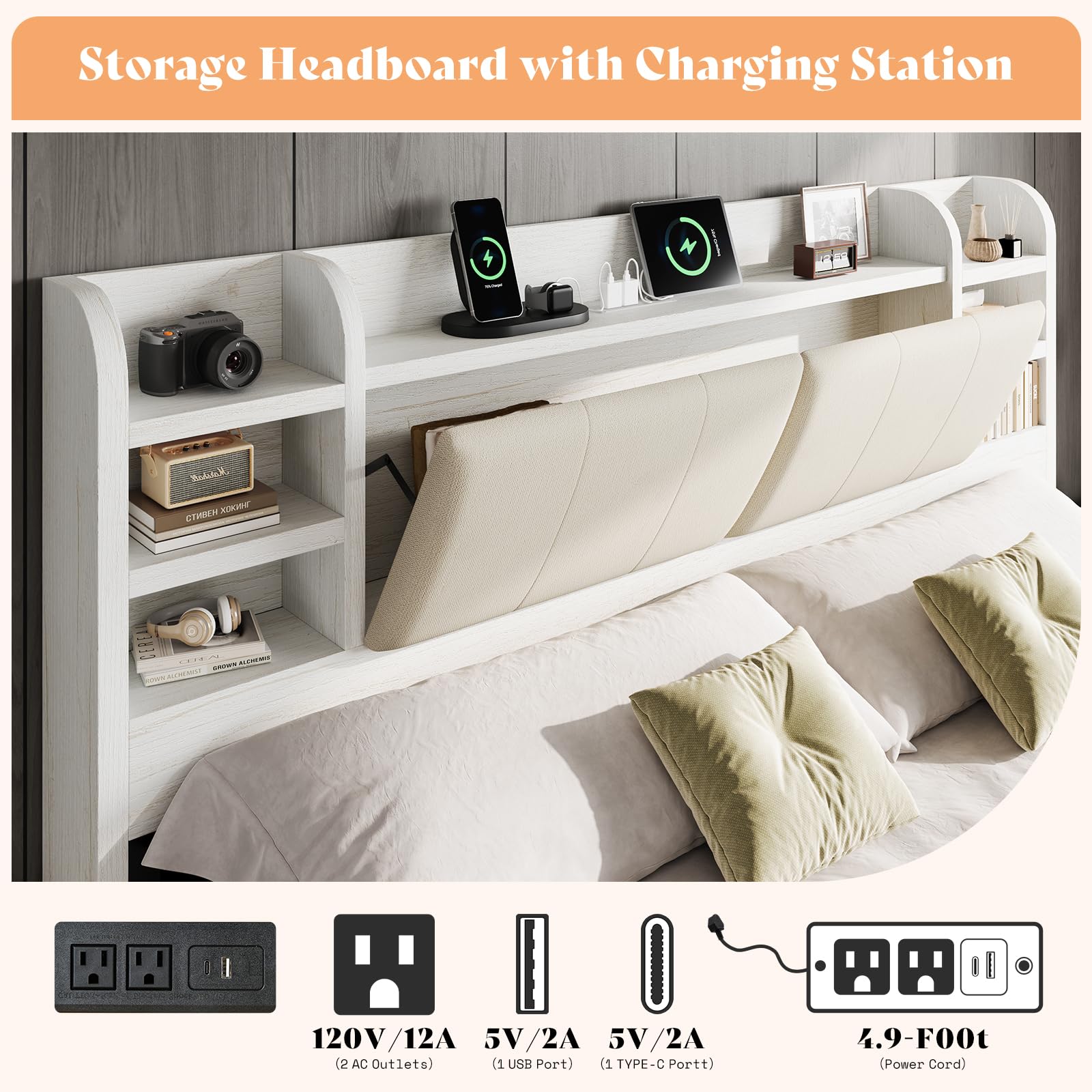 AMERLIFE King Size Bed Frame with 4 Storage Drawers, Upholstered Bed Frame with 47.2" Bookcase Headboard, Wooden Platform Bed with Charging Station/No Box Spring Needed/White
