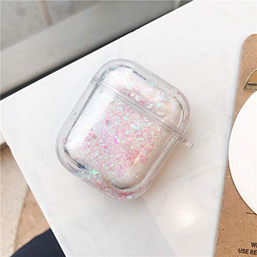 UnnFiko Bling Quicksand Case Compatible with AirPods 1/2, Cute Sparkle Liquid Protective Case, Funny Creative Hard Clear AirpodsĀ 1 & 2 Cover with Keychain (Silver Pink)
