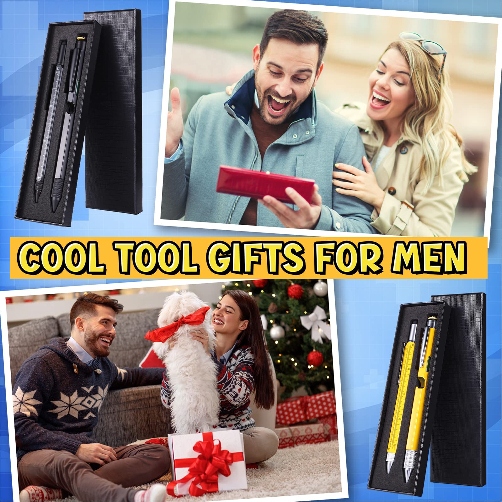 6 Pieces 9 in 1 Multitool Pen Set, Gifts for Men Him Dad Cool Gadgets for Father's Day Christmas Gifts Stocking Stuffers for Men Tool Pen with LED Light Stylus Level Screwdriver Ruler
