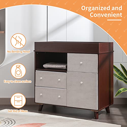 Changing Table Dresser with 3 Drawers, 2 Cabinets, Can be Used as a Dresser Changing Table, a Baby Changing Table Dresser, Changing Table with Drawers (Brown)