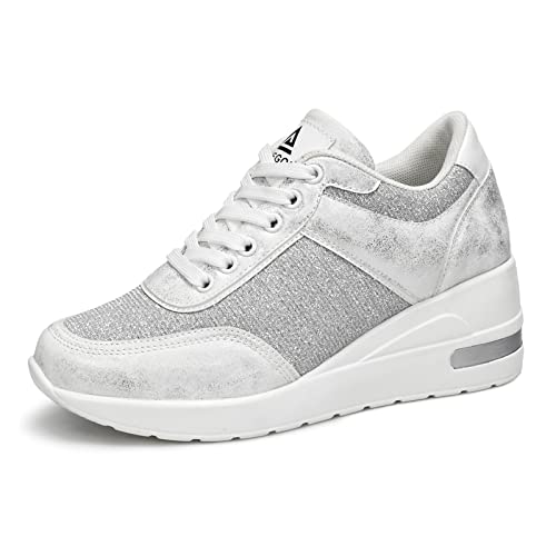 AONEGOLD Women's Platform Sneakers Wedges High Top Lace Up Shoes Increase Fashion Sneakers for Women Girls(White 37)