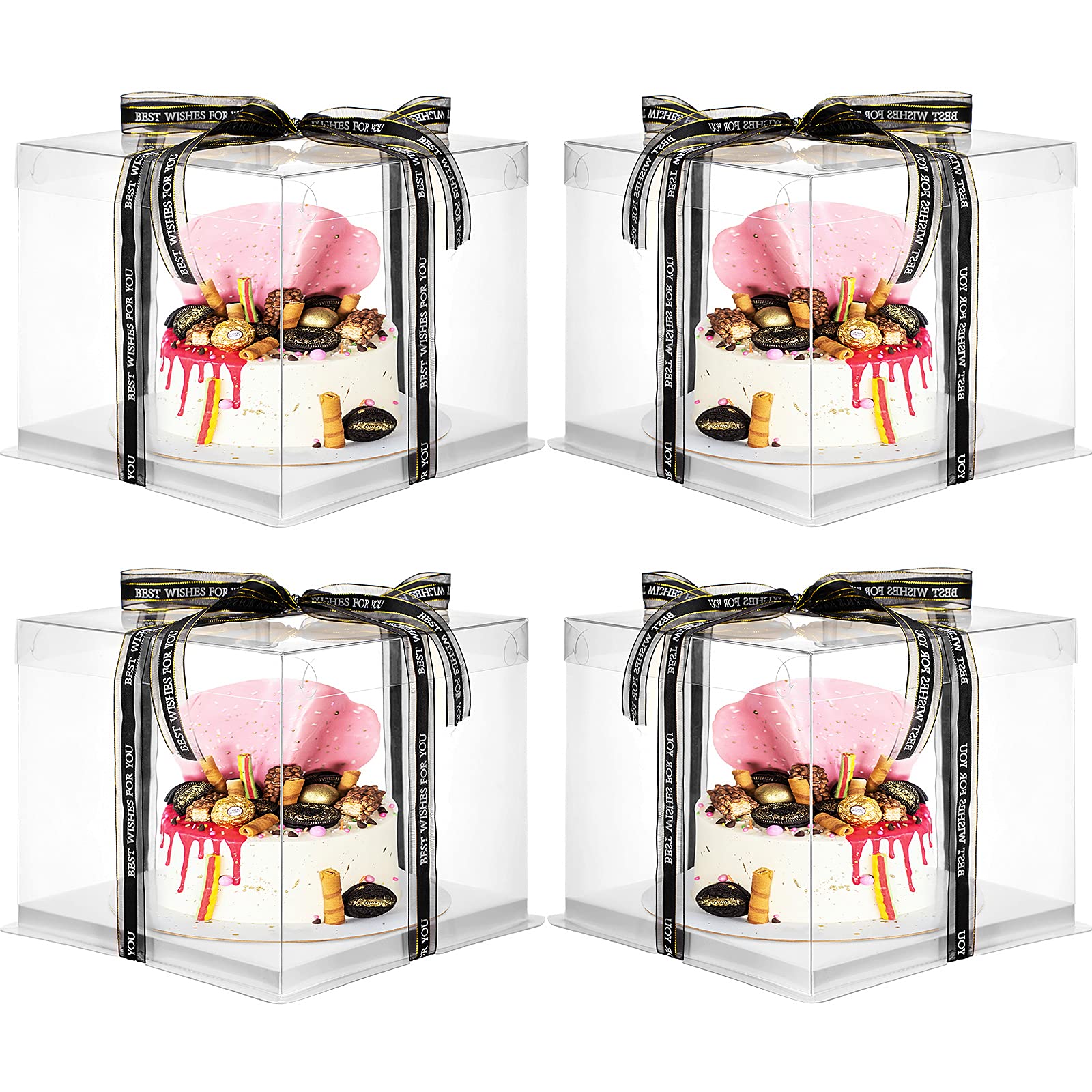 4 Pcs Clear Cake Boxes with a 147 ft Ribbon 10 x 10 x 9 Inch Tall Cake Box for Wedding Birthday Anniversary Baking Cookie Display Pack Baking Box Transparent Cake Box Portable Tall Layer Bakery Box