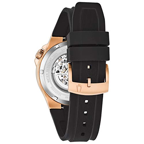 Bulova Men's Classic Maquina Rose Gold Stainless Steel 3-Hand Automatic Watch with Black Silicone Strap, Skeleton Dial Style: 98A177