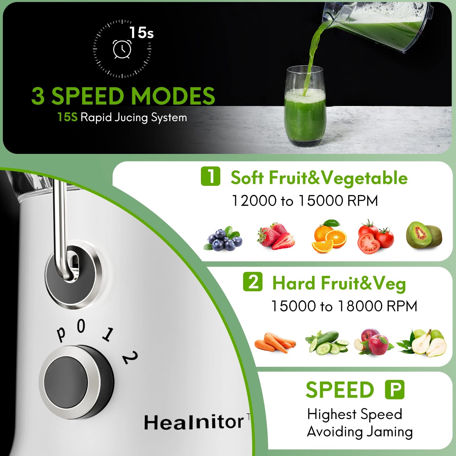 650W 3 Speeds Juicer Machines Vegetable and Fruit, Healnitor Centrifugal Juice Extractor with Wide 3β Feed Chute, Easy to Clean, BPA-Free Compact Centrifugal Juice Maker, White