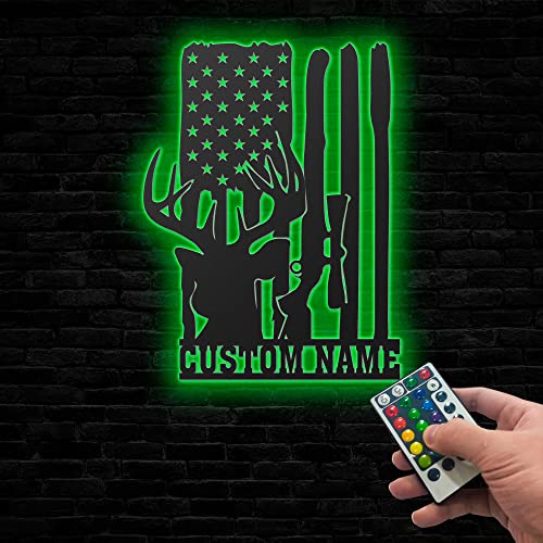 Deer Hunter Metal Wall Personalized, USA Hunter Gun with Flag, Deer Antler Hunting Dad LED Sign, Hunting Camp, Man Cave Deer Decor, Gift For Dad, Father Day Gift