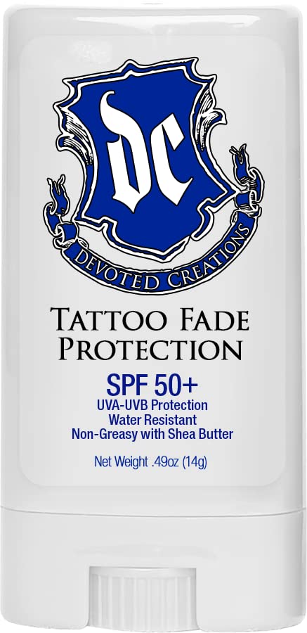 Devoted Creations Tattoo Fade Protection Stick with SPF 50+ UVA-UVB Protection, Water Resistant, Non-Greasy with Shea Butter .49oz (Pink/Blue)