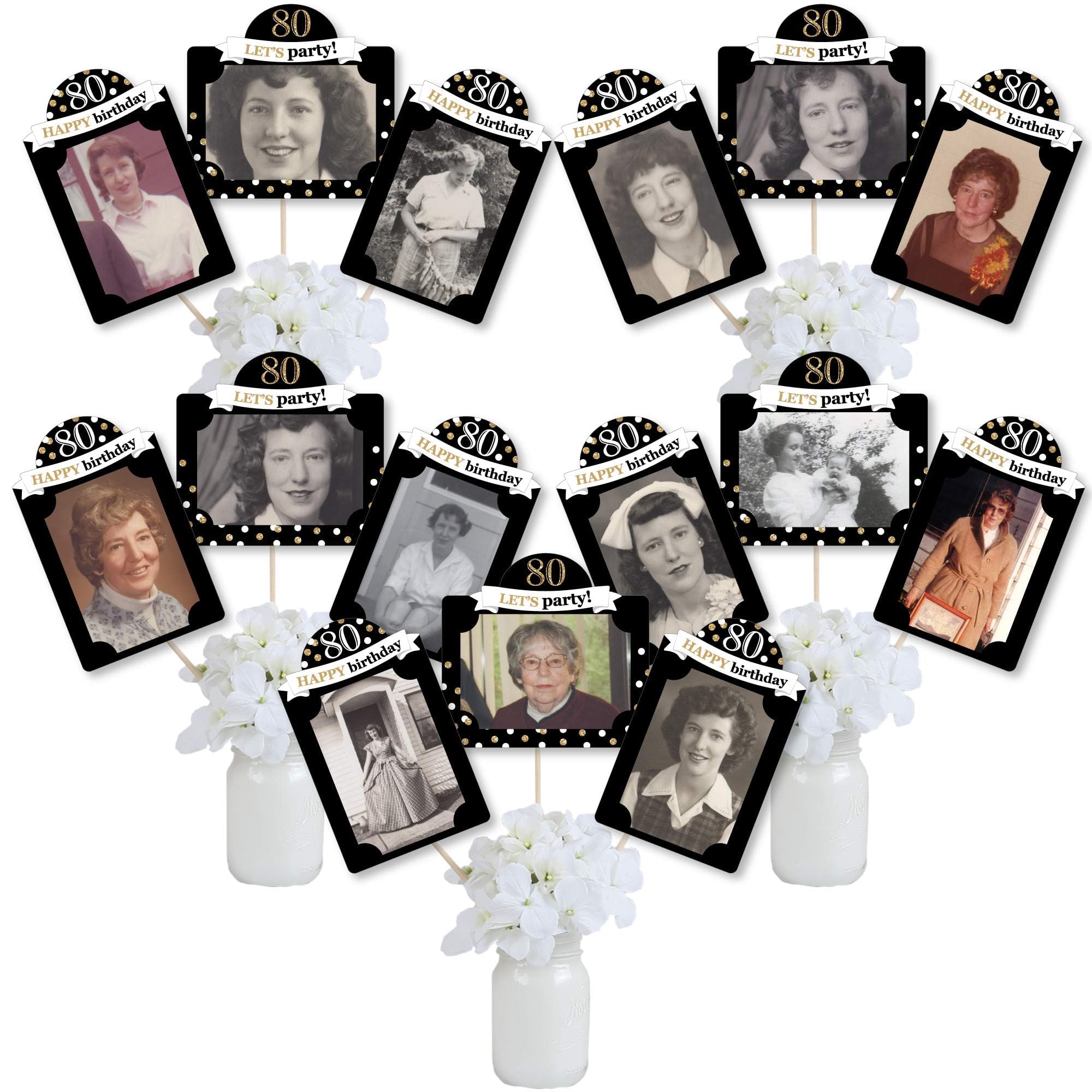 Big Dot of Happiness Adult 80th Birthday - Gold - Birthday Party Picture Centerpiece Sticks - 80th Birthday Party Decorations - Birthday Party Decor -80th Birthday Photo Table Toppers - 15 Pieces