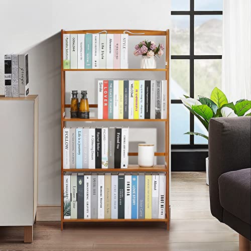 MoNiBloom Bamboo 4-Tier Bookshelf Adjustable Free-Standing Adjustable Storage Shelf Bookcase Plant Flower Stand for Living Room Kitchen Garden, Natural