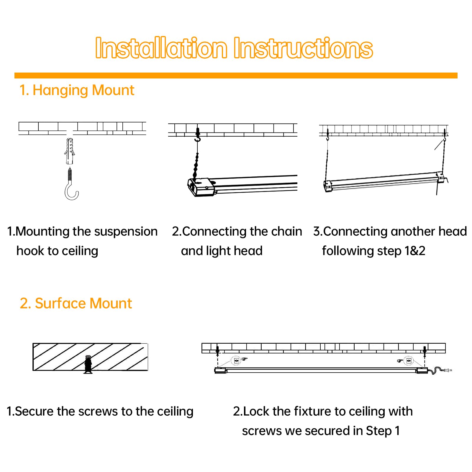 4FT Linkable 60W LED Shop Lights Warm White 3000K 4000K 6000K 6000LM for Garages Shop, Linear Work Light Fixture Hanging or FlushMount with Plug, ETL 2 Pack