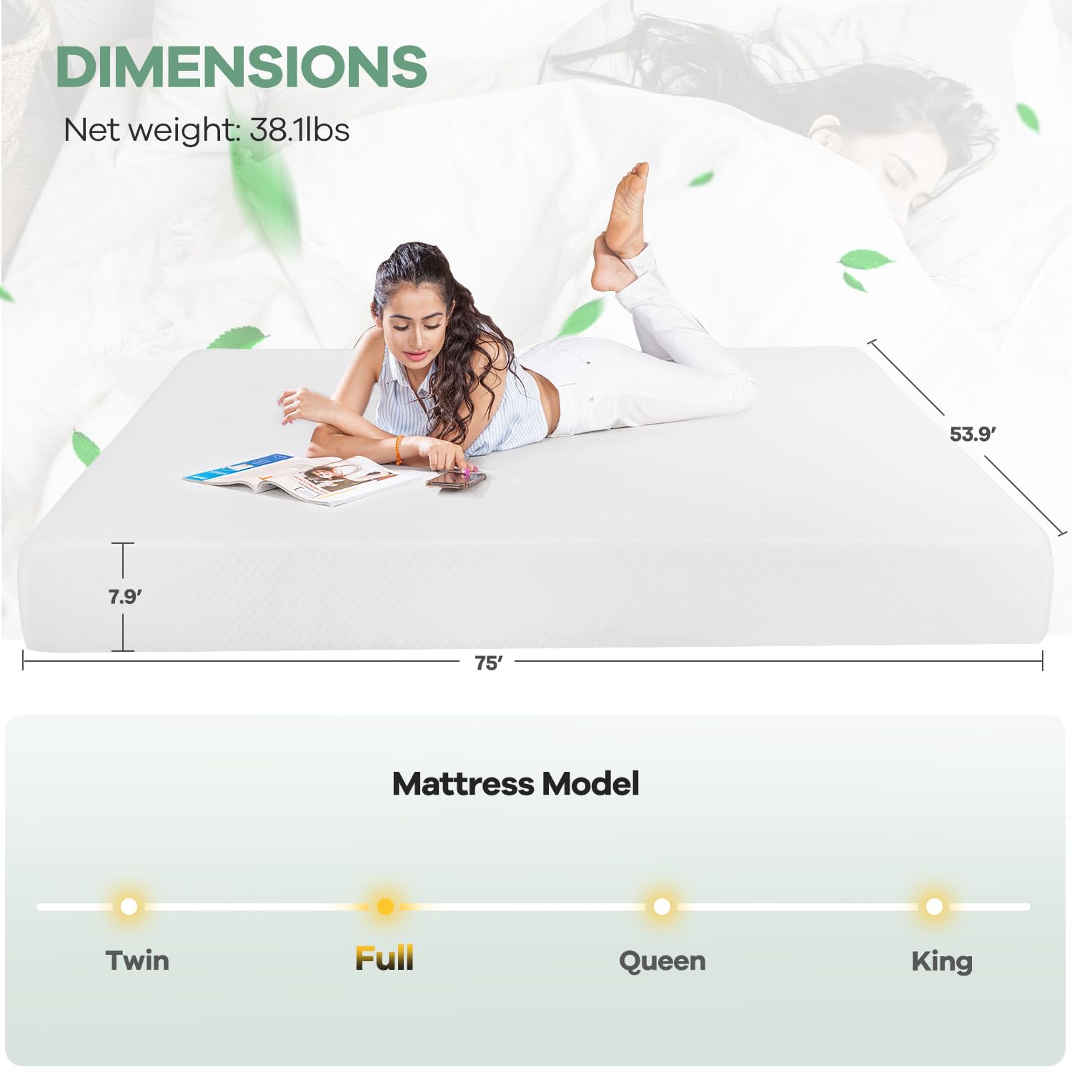 NChanmar 8 inch Memory Foam Mattress Cooling Gel Green Tea Mattress/Pressure Relieving/CertiPUR-US Certified/Bed-in-a-Box/Cooling Gel Foam, White,Full