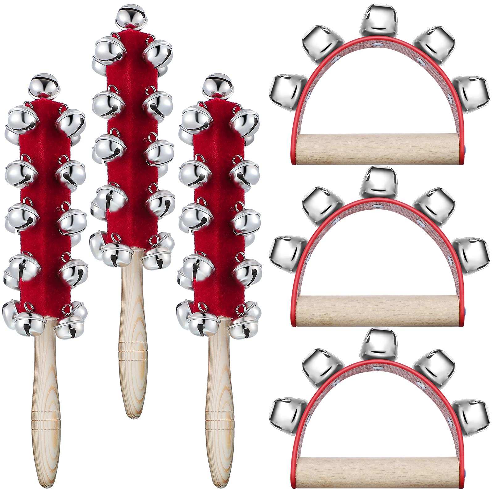 6 Pieces Christmas Hand Jingle Bells Wooden Hand Sleigh Bells Jingle Shaker Bells Handhold Bell Rattles Musical Bell Instruments Handheld Bells Holiday Christmas Decor (Red)