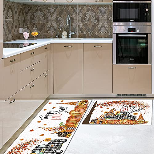 delaimastor Fall Gnome Pumpkin Decorative Kitchen Mats Set of 2, Fall Halloween Thanksgiving Rustic Yard Low-Profile Floor Mat for Kitchen, Gnome Plaid Maple Leaves Seasonal Decorative Floor Mat