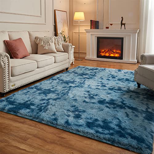 Arbosofe Fluffy Soft Area Rugs for Bedroom Living Room, Tie Dyed Blue Shaggy Rugs 5 x 7 Feet, Carpet for Kids Room, Throw Rug for Nursery Room, Fuzzy Plush Rug for Dorm, Cute Room Decor for Baby