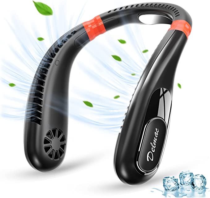 Delmac Portable Neck Fan, 6000mAh Rechargeable Personal Fans Lightweight Wearable Fan, Low Noise 3 Speed Hands Free Fan, Hanging Headphone Design Sports Fan for Indoor & Outdoor(black)