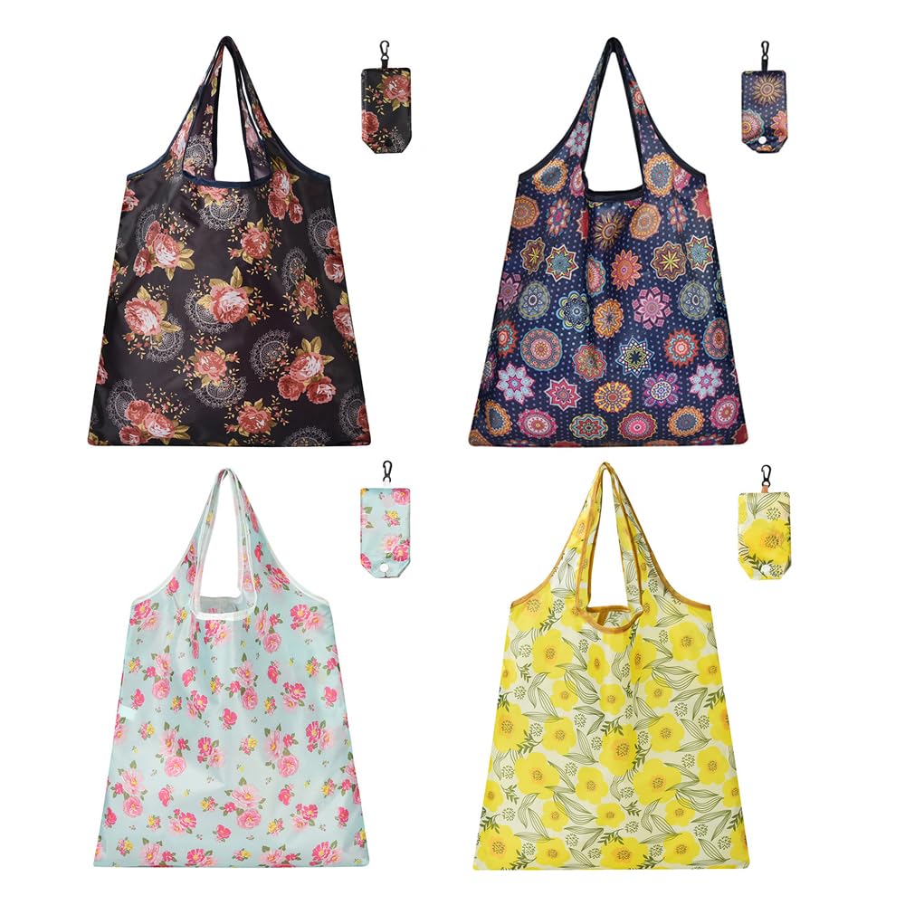 4 PCS Reusable Grocery Bags, Foldable Reusable Shopping Bags, Folding Cute Tote Bags for Grocery Shopping