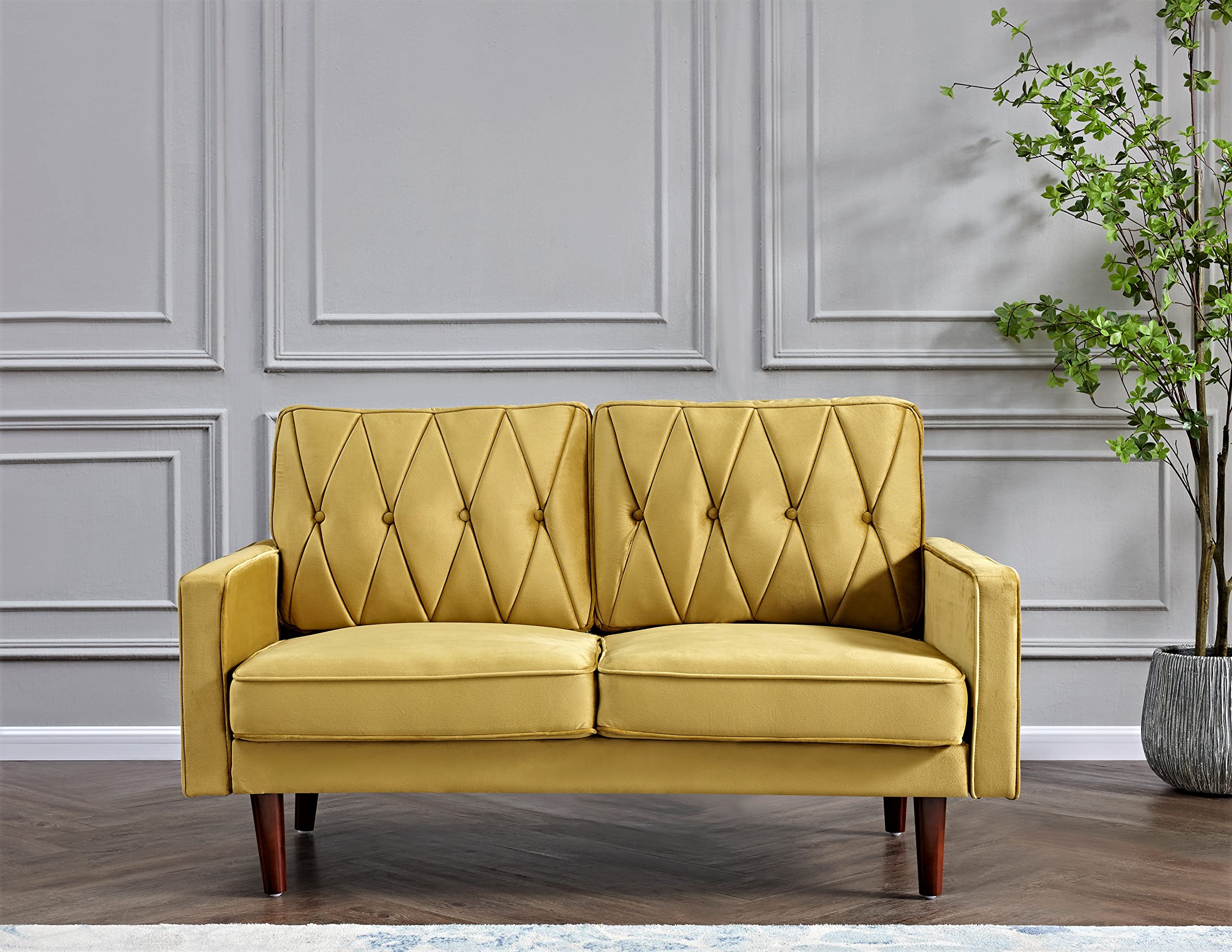Container Furniture Modern Style Tufted Velvet Couch for Living Room with Soft Fabric Upholstery and Solid Wood Frame, 57.5'' Wide Loveseat, Yellow Green