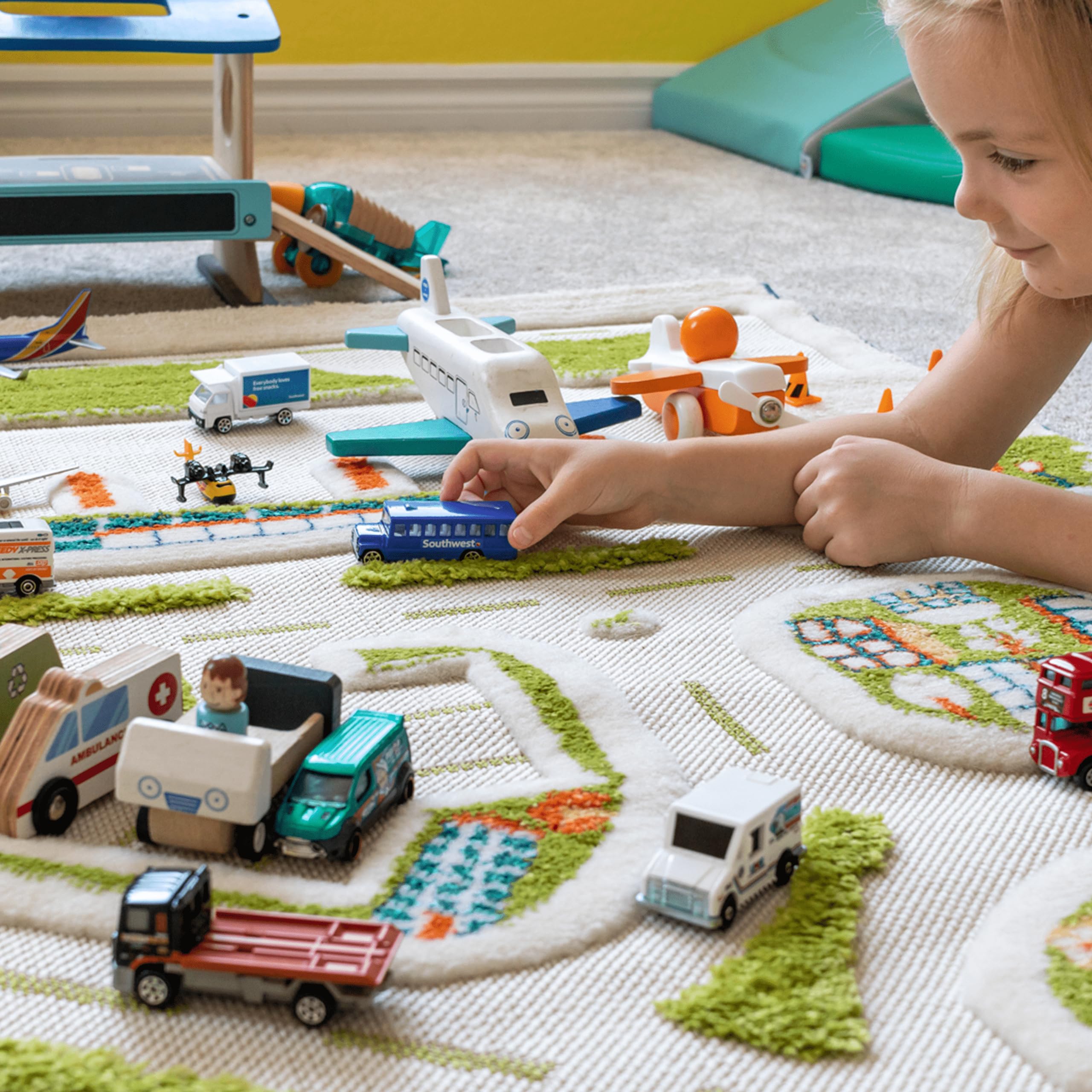 IVI 3D Play Carpets Mini City 59" L x 39" W Educational Toddler Car Mat Rug for Bedroom, Kids Den, or Playroom