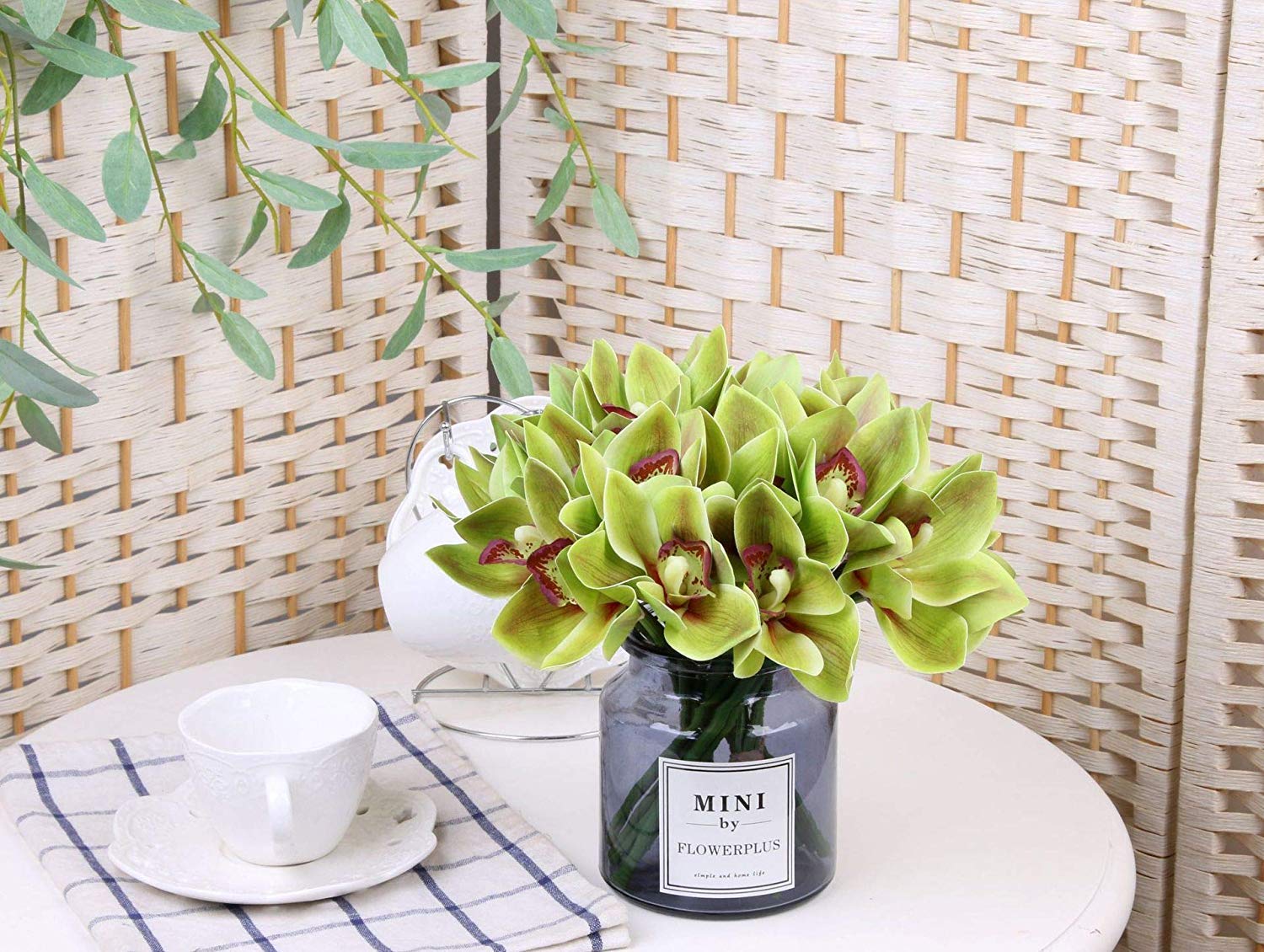 Blooming Paradise 12pcs Real Touch Artificial Fake Plants Silk Cymbidium Orchid Flowers Arrangements Wedding Bouquets Decorations Plastic Floral Table Centerpieces Home Kitchen Garden Party White