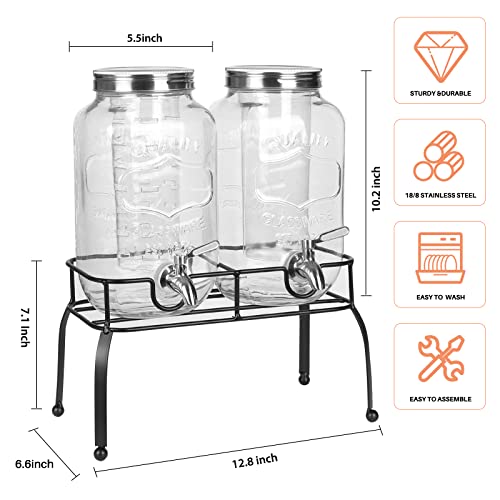 Drink Dispenser with Stand- Set of 2, 1 Gallon Glass Beverage Dispenser with Stainless Steel Spigot & Lid plus Ice Cylinder and Fruit Infuser, Drink Dispensers for Parties, Laundry Detergent Dispenser