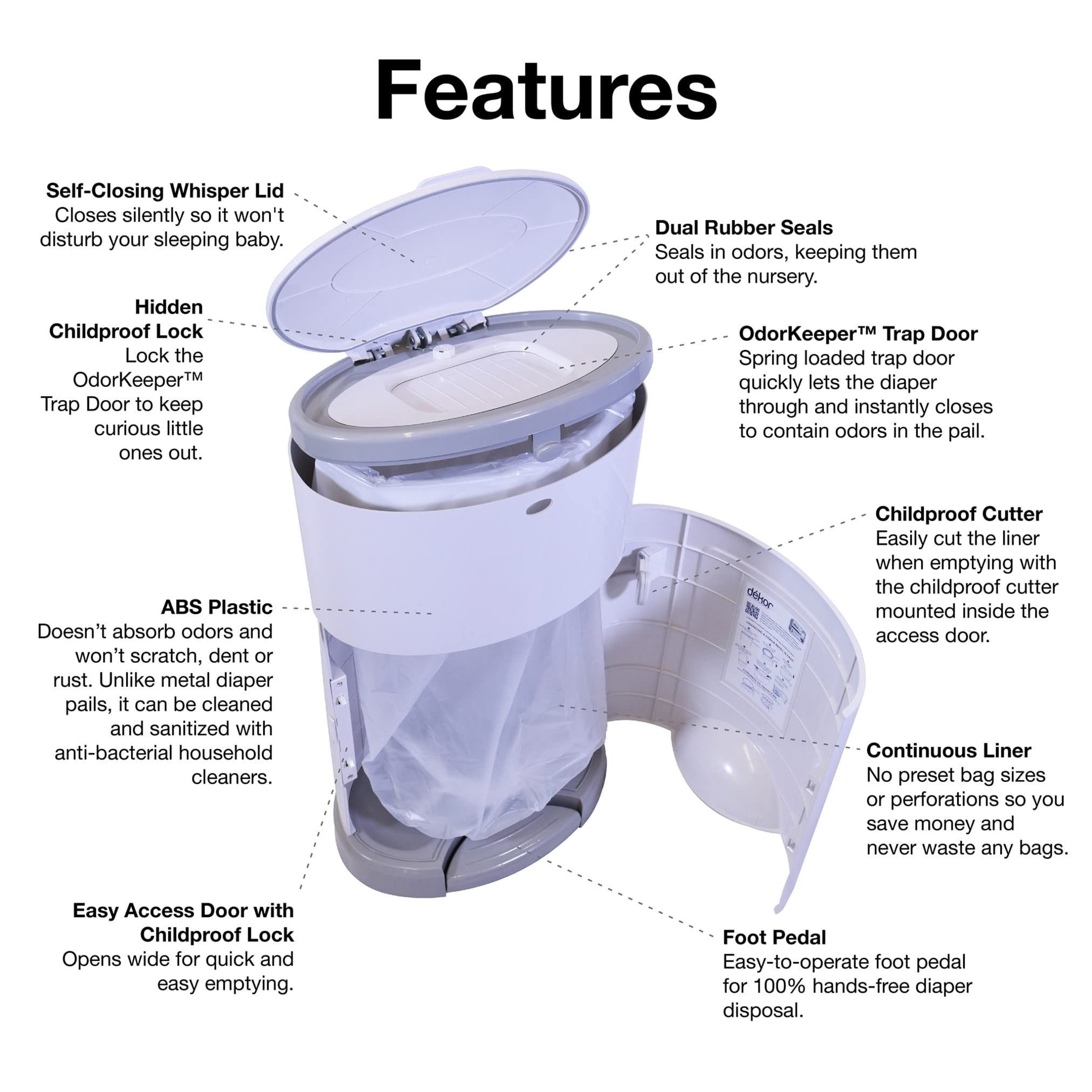 Dekor Plus Hands-Free Diaper Pail | White | Easiest to Use | Just Step – Drop – Done | Doesn’t Absorb Odors | 20 Second Bag Change | Most Economical Refill System |Great for Cloth Diapers