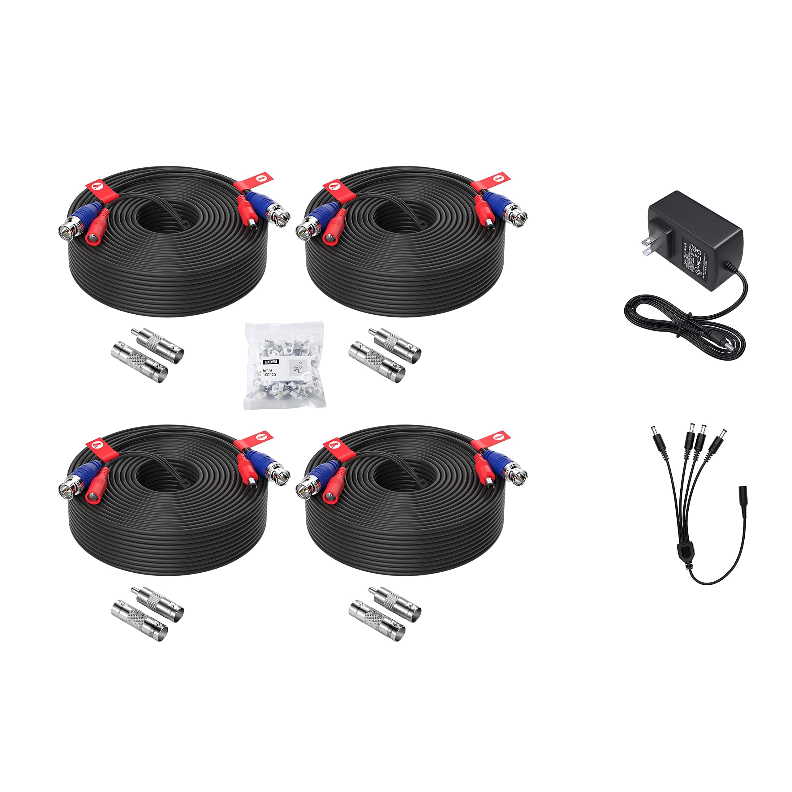 ZOSI 4 Pack 100ft (30 Meters) 2-in-1 Video Power Cable, BNC Extension Surveillance Camera Cables for Video Security Systems (Included Power Splitter and Power Cable)