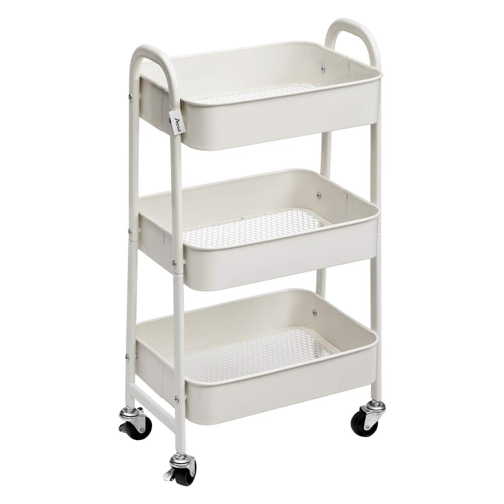 AGTEK Makeup Cart, Movable Rolling Organizer Cart, White 3 Tier Metal Utility Cart