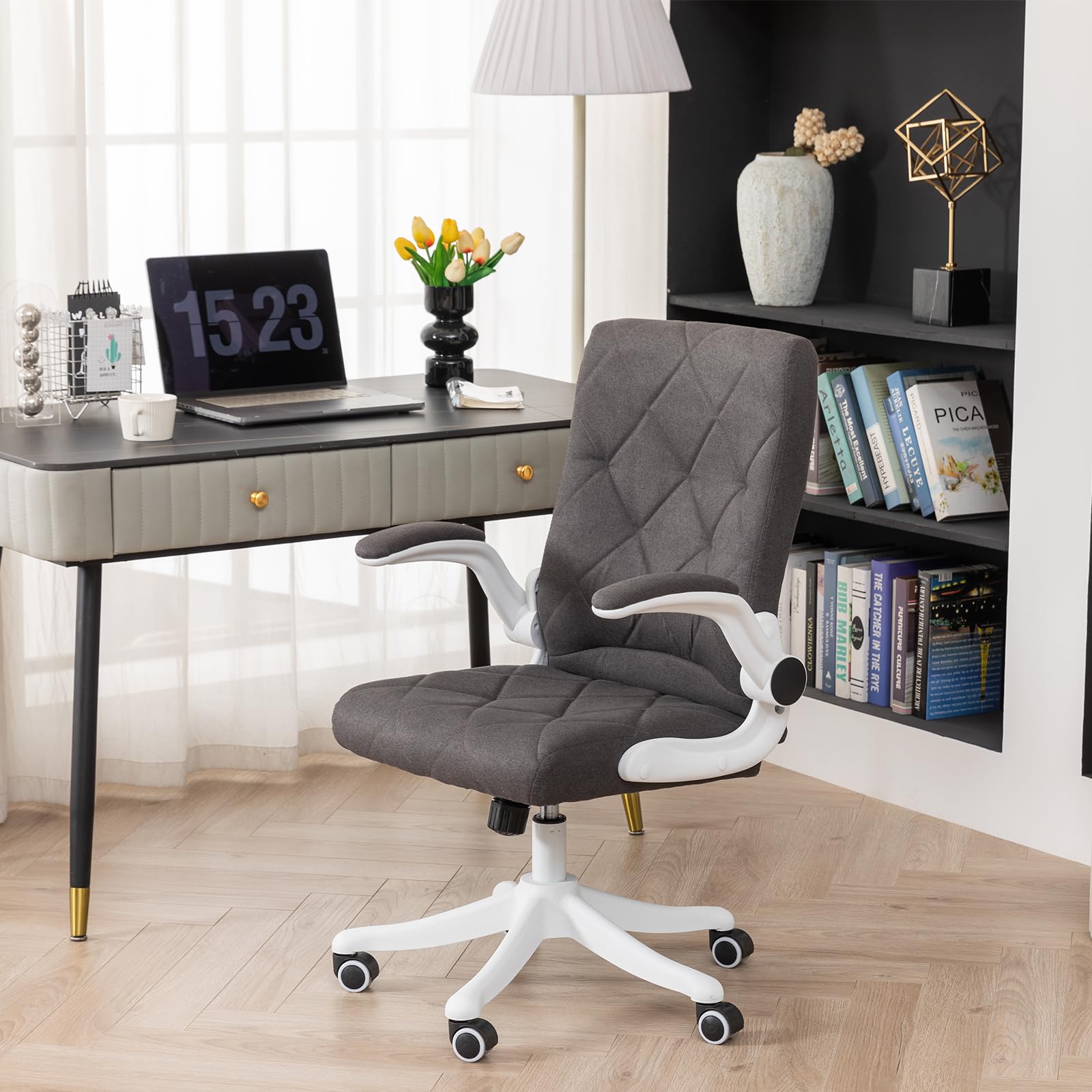Home Office Chair, Comfy Chair Work from Home Essentials, Cloth Comfy Office Chair Comfortable Computer Chair with Wheels Swivel, Ergonomic Lumbar Support and Flip-up Armrests |Grey