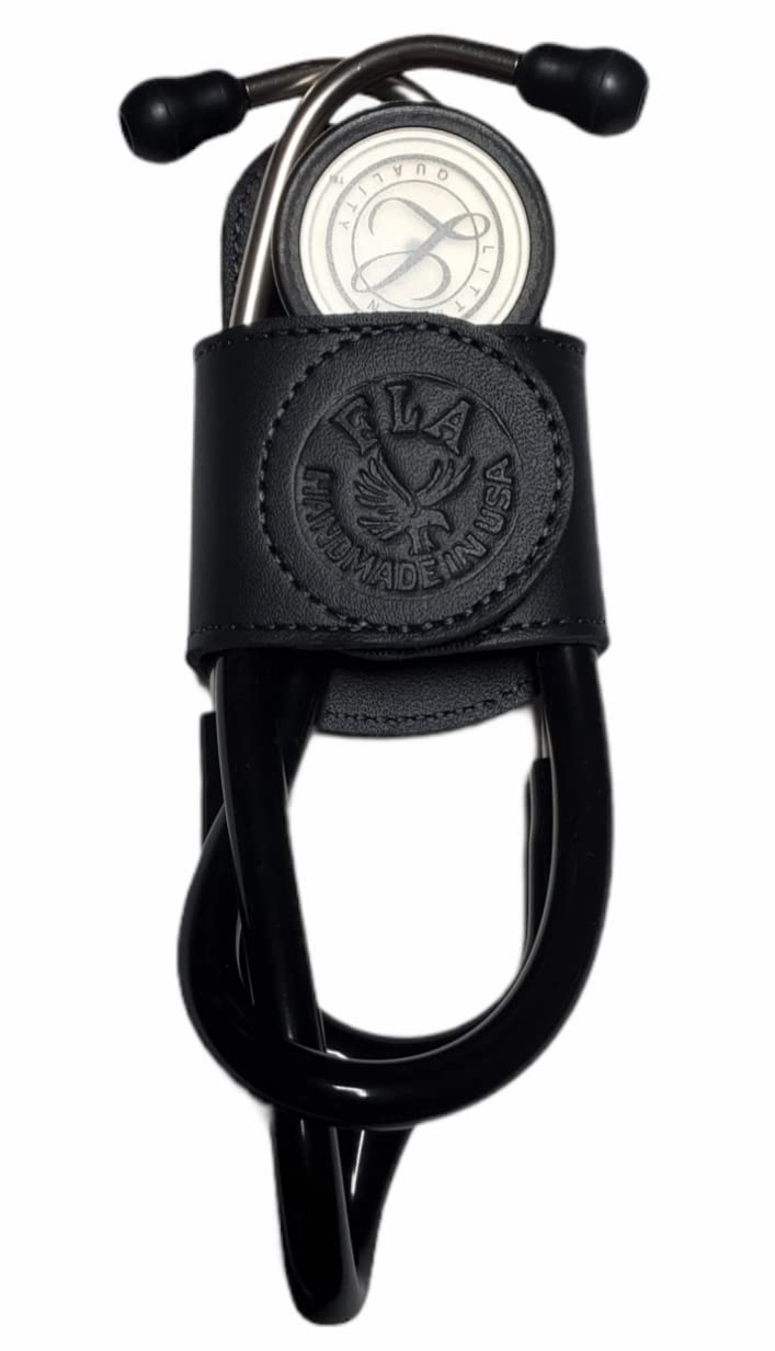 Stethoscope Holder pro with Clip,Handmade in USA Genuine Leather .Perfect for Physicians, Nurses, EMT, Medical Nursing Student (Black).