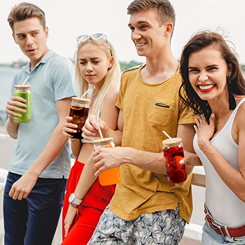 Drinking Glasses with Bamboo Lids and Glass Straw 8pcs Set, 16oz Beer Glasses Glass Cups, Iced Coffee Glasses, Ideal for Whiskey, Soda, Tea, Great Gift + 2 Cleaning Brushes