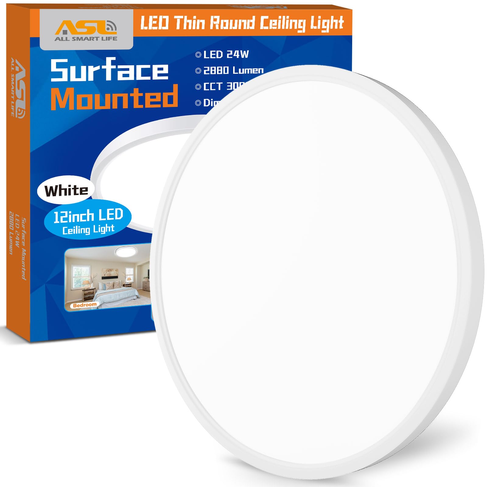 Allsmartlife LED Flush Mount Ceiling Light Fixture, 12inch 24W 2880lm CCT 3000K/4000K/6500K Thin Round Flat Panel Light Surface Mount for Kitchen, Bedroom, Laundry. Dimmable Ceiling Lamp