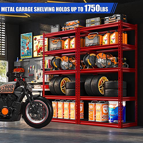REIBII 72"H Garage Shelving Heavy Duty Storage Shelves 1750LBS Adjustable Garage Storage Shelves 5 Tier Metal Shelving Unit for Storage Shelving Storage Rack 72"H x 16.8"D x 31.8"W Red Black 4 Pack