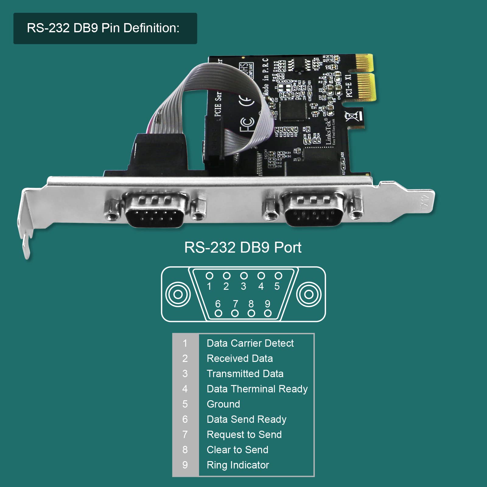 LinksTek 2-Port PCI Express RS-232 DB9 Serial Port Card for Windows XP, Vista,7, 8.x, 10, 11 32/64bit and Linux PCs, PCIE RS232 Card, PCIE Serial DB9 Port Card (PCIE-SE2)