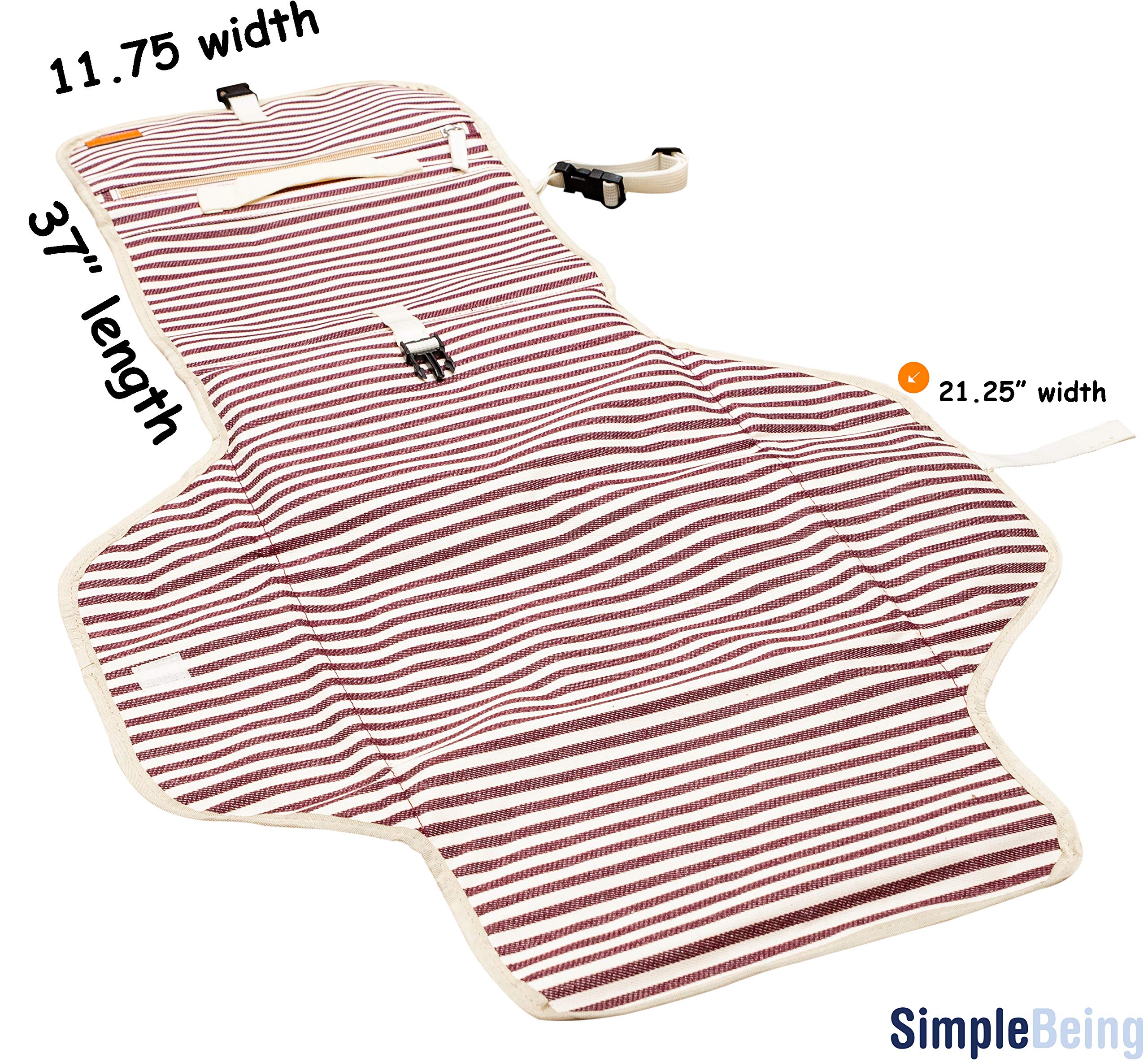 Simple Being Portable Changing Pad, Travel Diaper Canvas Clutch Mat, Diaper Bag Essential with Storage Pockets for Wipes and a Supportive Foam Head Pillow Padding (Red Stripe)