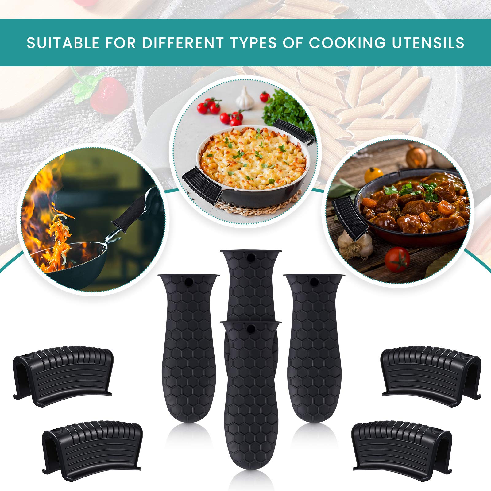 8 Pieces Silicone Hot Handle Holder Non Slip Pot Holders Cover Assist Hot Pan Handle Rubber Heat Resistant Pot Sleeve Grip Cookware Handle for Frying Cast Iron Skillet Metal Pan (Black)