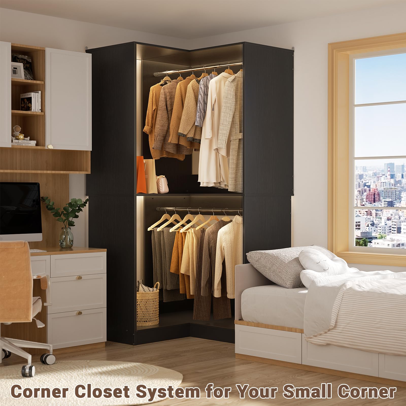 Armocity Corner Closet System, 32 Inches Wide Wood Corner Unit with 2 Hanging Rods and All Hardware Kits, 3-Tier 80'' Height Corner Wood Closet Tower, White