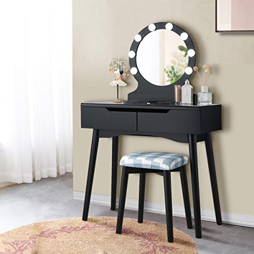 AUGESTER Vanity Set with 8 Lighted Bulbs Mirror, Makeup Dressing Table w/Replaceable and Adjustable Lights Cushioned Stool & 2 Sliding Drawers, Compact Makeup Table Chair for Bedroom (Black)