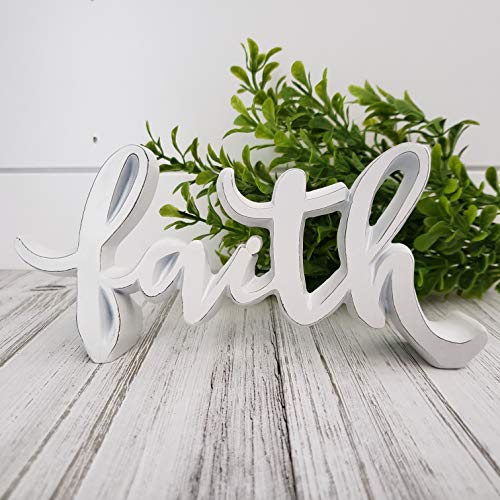 Birch & Bliss β Faith β Small Distressed White Tabletop Script Word Decor (6.75in x 3in) Modern Farmhouse Resin Standing Words - Inspirational Gifts | Spring - Wedding Decor