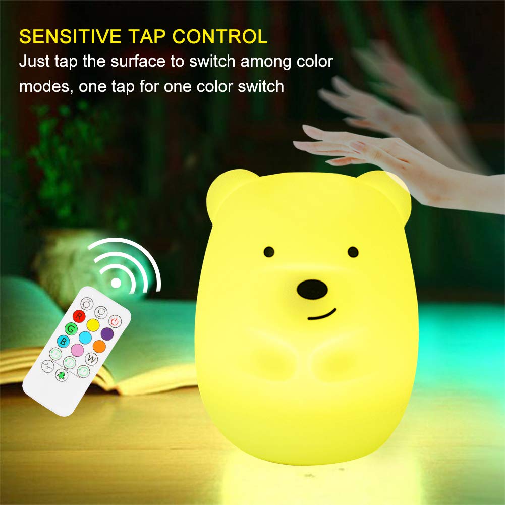 Yuede Kids Night Light for Bedroom, Silicone USB Rechargeable Night Lights, 9 Colors Change with Touch Sensor and Remote Control for Baby/Kids/Adult Gifts (Bear)